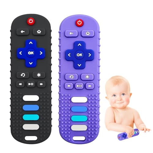 ERSIHUA 2-Pack Silicone Baby Teething Toys, Fire TV Remote Shape for 18 Months Infant, Toddlers, Boys and Girls Early Educational Sensory Toy (Black+Purple)