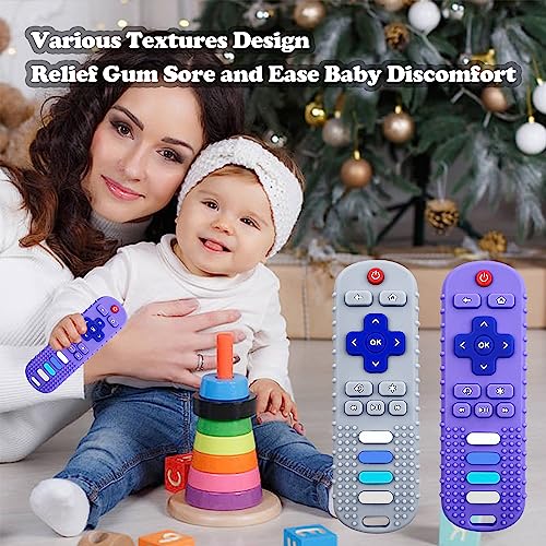 ERSIHUA 2-Pack Silicone Baby Teething Toys, Fire TV Remote Shape for 18 Months Infant, Toddlers, Boys and Girls Early Educational Sensory Toy (Black+Purple)