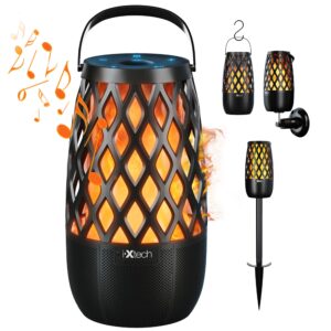 ixtech outdoor bluetooth speaker waterproof wireless with led flame light, shower bluetooth speaker for camping patio home decor, gifts for couples dads moms wall mount&hook&stake.