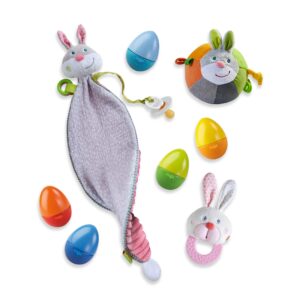 haba ultimate easter basket toy bundle - musical eggs, bunny teether, hops cuddly lovey and bunny ball