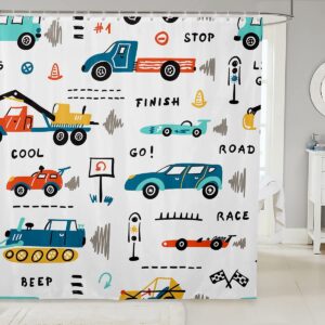 cartoon car boys shower curtain cute hand drawn tractors truck bathroom curtain colorful vehicles waterproof curtain for teens kids room decor modern traffic bath curtain white,12 hooks,72" wx78 l