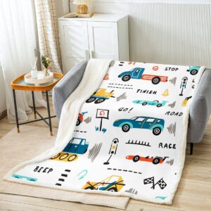 cartoon car boys throw blanket cute hand drawn tractors truck blankets colorful vehicles fleece blanket for teens kids room decor modern traffic sherpa blanket white,for chair/sofa,90"x90"