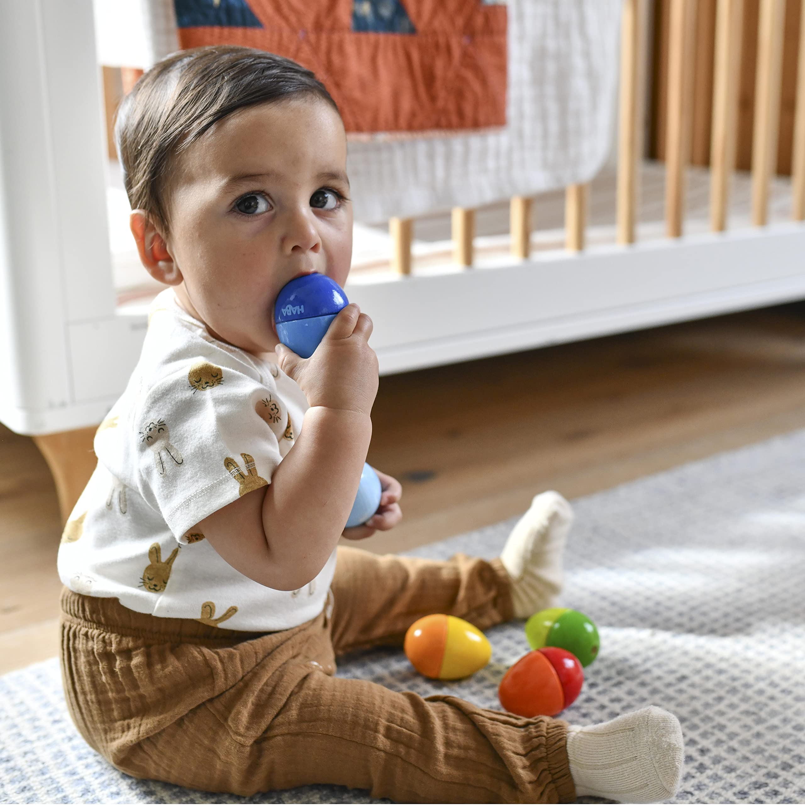 HABA Ultimate Easter Basket Toy Bundle - Musical Eggs, Bunny Teether, Hops Cuddly Lovey and Bunny Ball