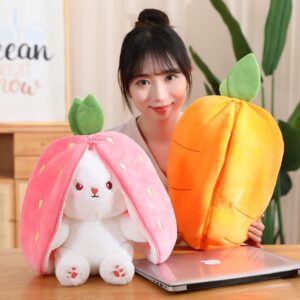 Xeletu Easter Stuffed Cute Bunny，Easter Stuffed Cute Bunny Plush Pillow Toys，Reversible Floppy Ear Bunny Plushie Bunny Plush Pillow，Carrot Strawberry Bunny Pillow Plush Toy (Strawberry, 7.1in)