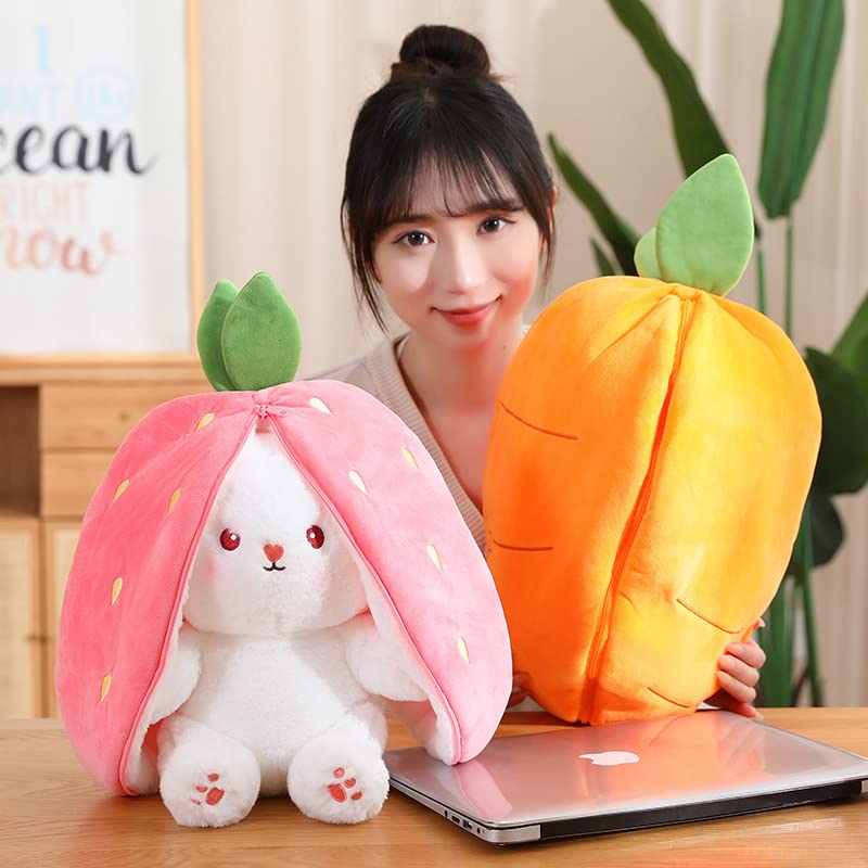 Xeletu Easter Stuffed Cute Bunny，Easter Stuffed Cute Bunny Plush Pillow Toys，Reversible Floppy Ear Bunny Plushie Bunny Plush Pillow，Carrot Strawberry Bunny Pillow Plush Toy (Strawberry, 7.1in)