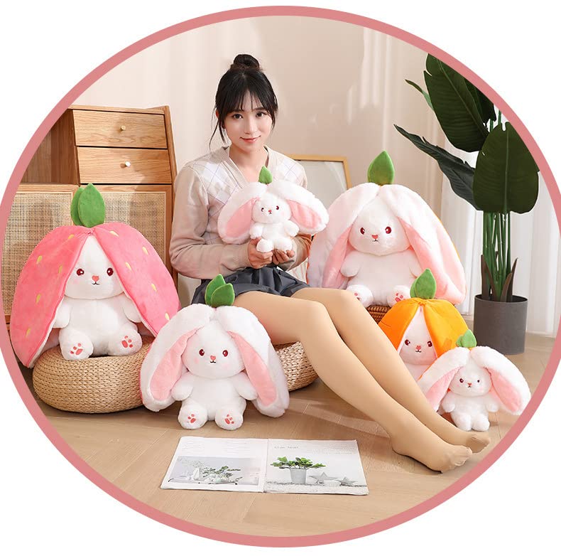 Xeletu Easter Stuffed Cute Bunny，Easter Stuffed Cute Bunny Plush Pillow Toys，Reversible Floppy Ear Bunny Plushie Bunny Plush Pillow，Carrot Strawberry Bunny Pillow Plush Toy (Strawberry, 7.1in)