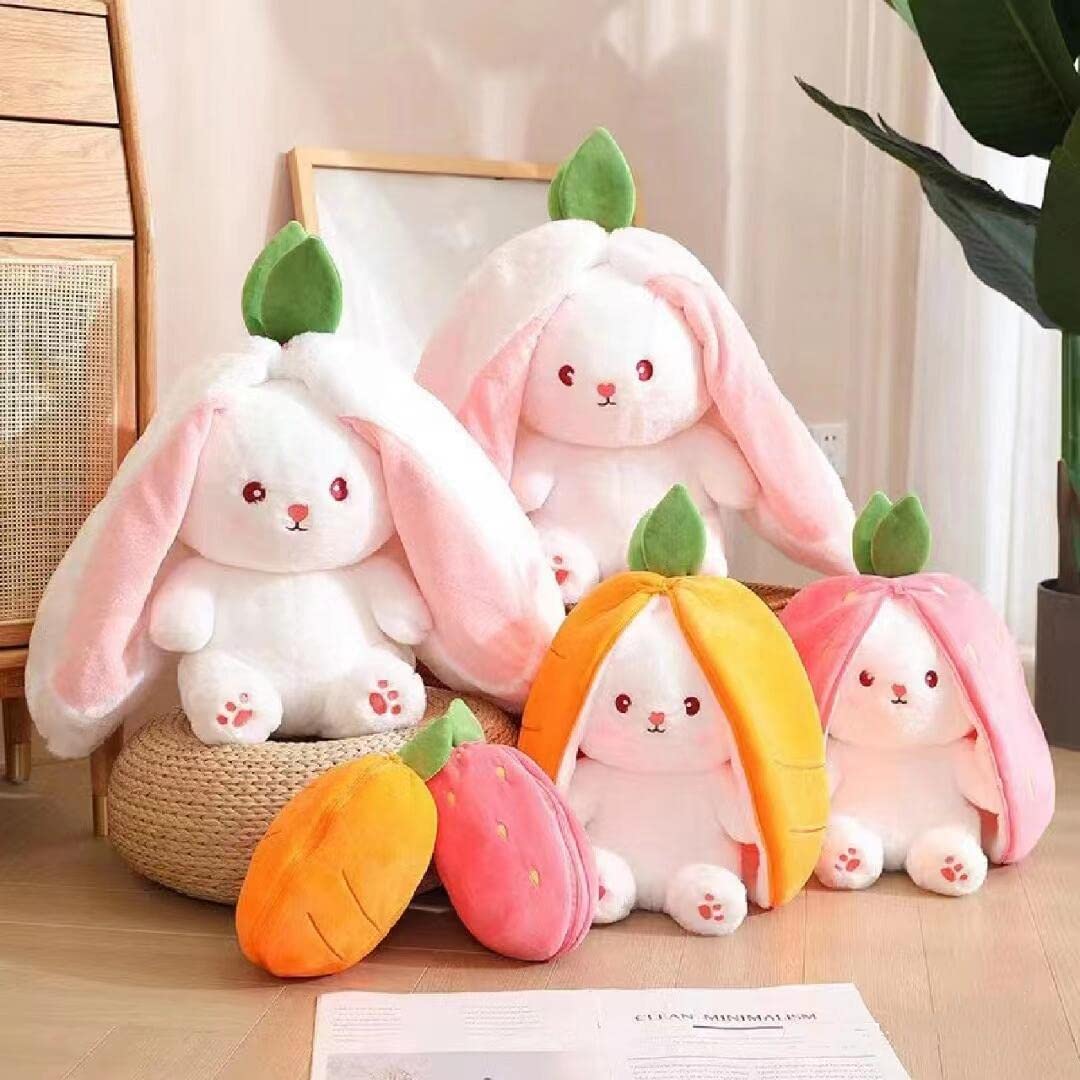 Xeletu Easter Stuffed Cute Bunny，Easter Stuffed Cute Bunny Plush Pillow Toys，Reversible Floppy Ear Bunny Plushie Bunny Plush Pillow，Carrot Strawberry Bunny Pillow Plush Toy (Strawberry, 7.1in)