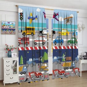 Kids Boys Construction Curtains Cartoon Colorful Cars Tractor Truck Airplane 2 Panels Window Treatment Set for for Boys Girls Bedroom Living Room, W84 x L84 Inch Blackout