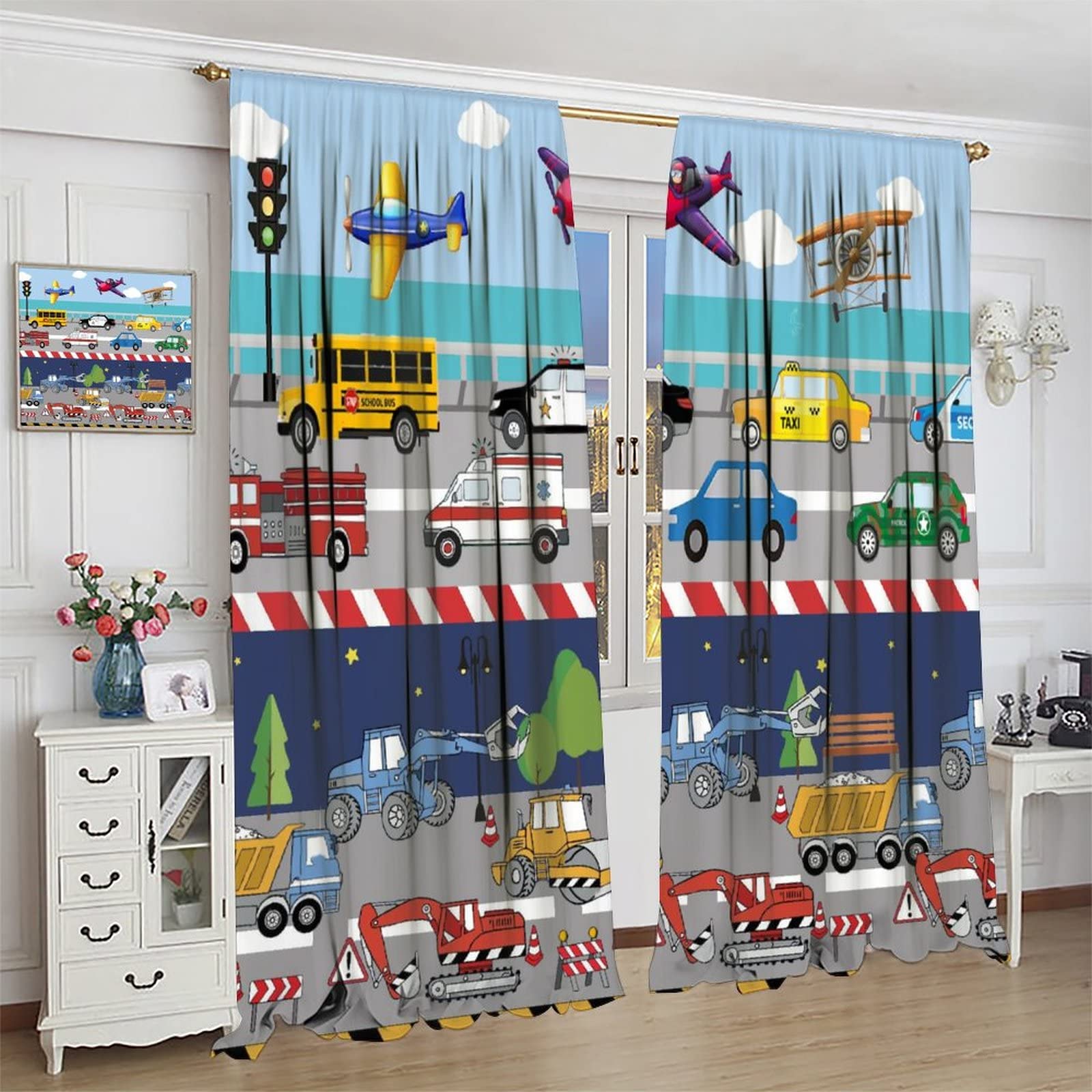 Kids Boys Construction Curtains Cartoon Colorful Cars Tractor Truck Airplane 2 Panels Window Treatment Set for for Boys Girls Bedroom Living Room, W84 x L84 Inch Blackout