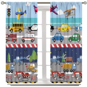 Kids Boys Construction Curtains Cartoon Colorful Cars Tractor Truck Airplane 2 Panels Window Treatment Set for for Boys Girls Bedroom Living Room, W84 x L84 Inch Blackout