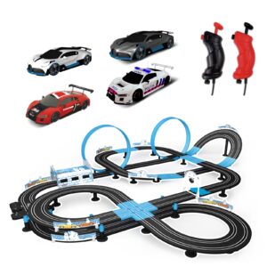 agm mastech slot car race track set, high speed series tram dual track set with 4 licensed racing slot cars, 2 hand controls, track parts and lap counter, 13.5m long track, black