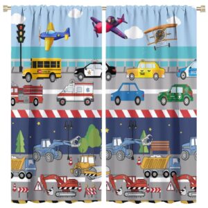 kids boys construction curtains cartoon colorful cars tractor truck airplane 2 panels window treatment set for for boys girls bedroom living room, w84 x l84 inch blackout