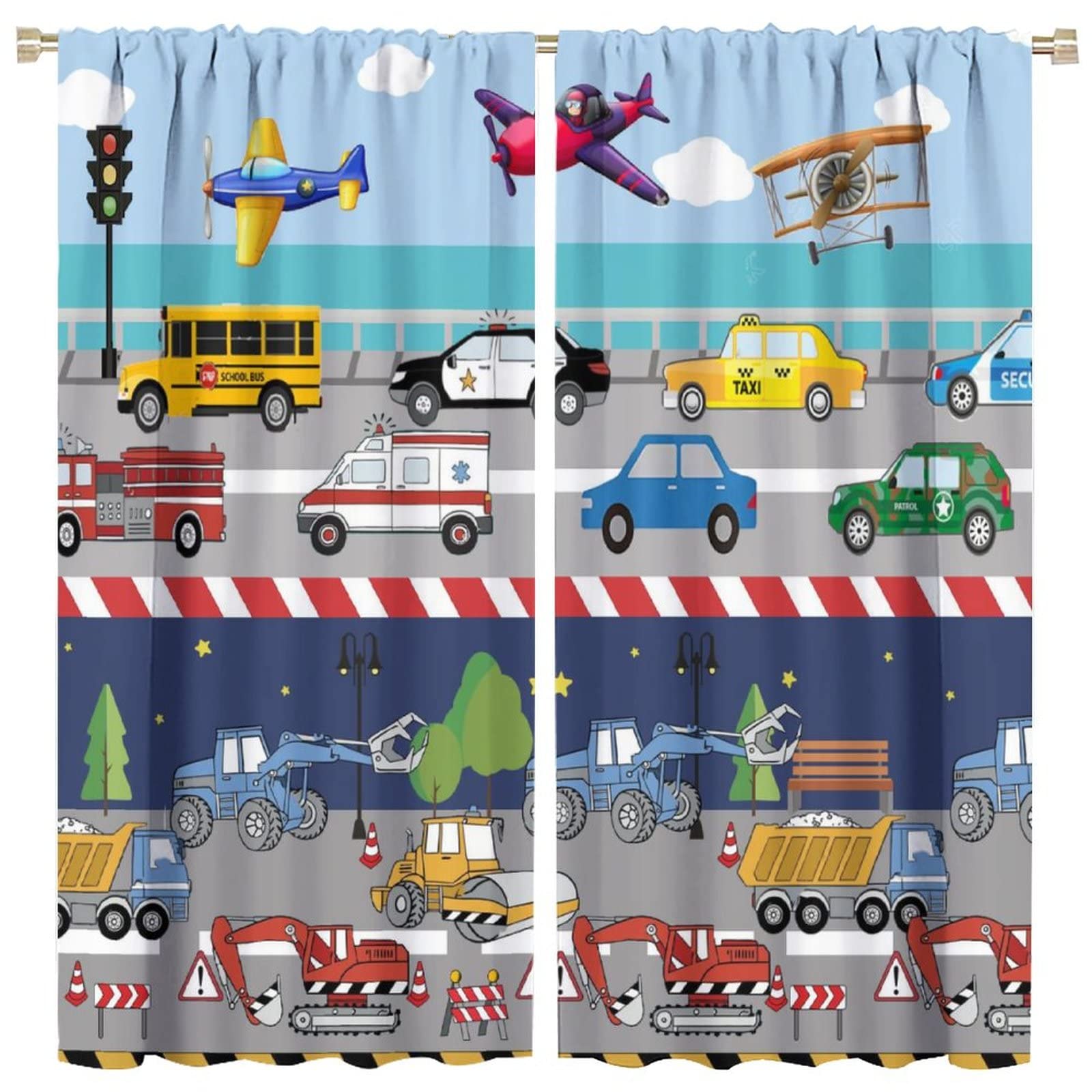 Kids Boys Construction Curtains Cartoon Colorful Cars Tractor Truck Airplane 2 Panels Window Treatment Set for for Boys Girls Bedroom Living Room, W84 x L84 Inch Blackout