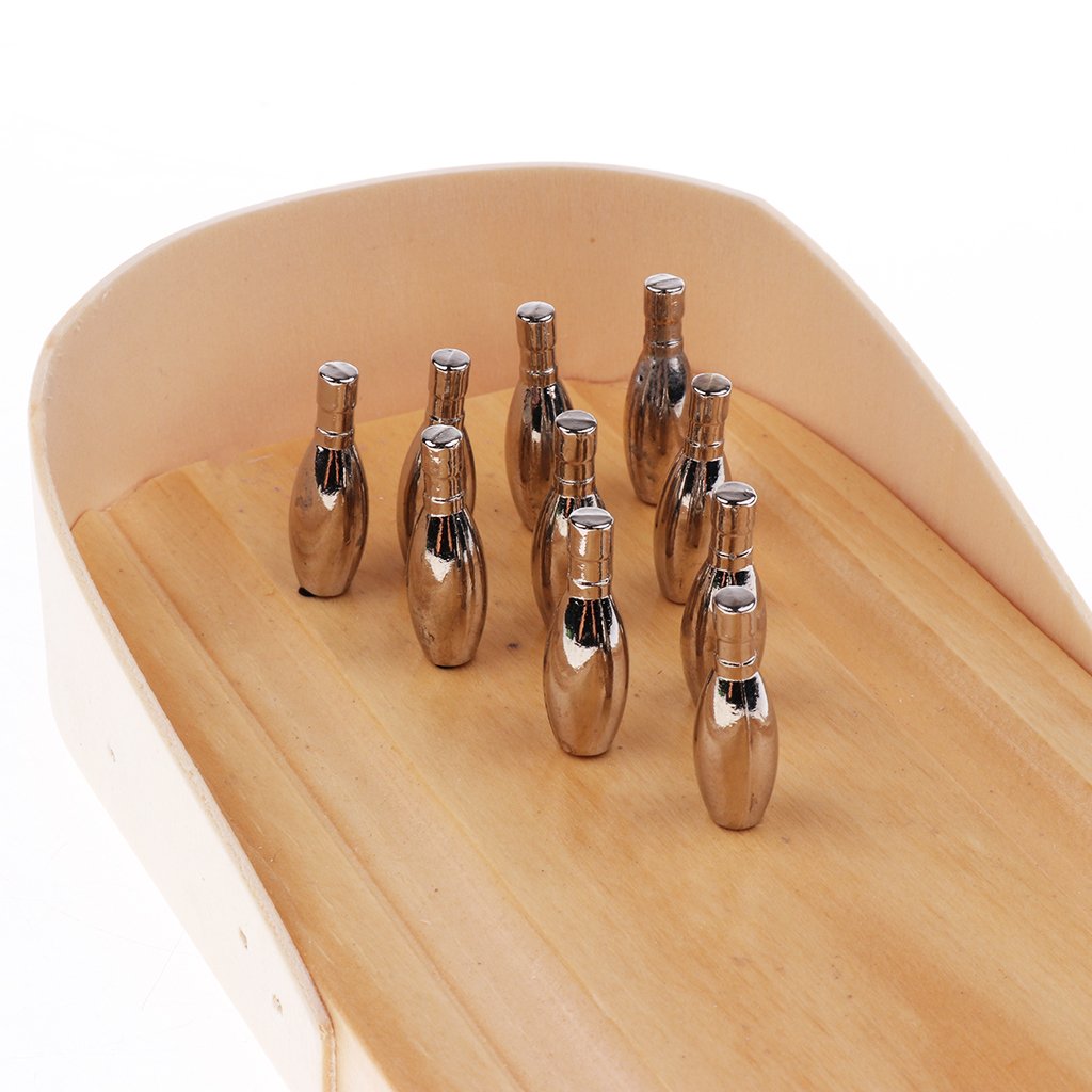 BESSTUUP Wooden Table Game Mini Bowling Game with Metal Skittles