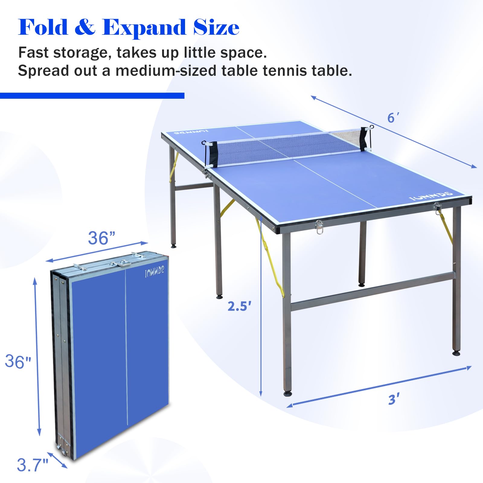 IUNNDS 6X3ft Mid-Size Table Tennis Tables - Indoor/Outdoor Portable Ping Pong Table Game for Adults/Teens,with Net,2 Table Tennis Paddles and 3 Balls (6X3ft Mid-Size)