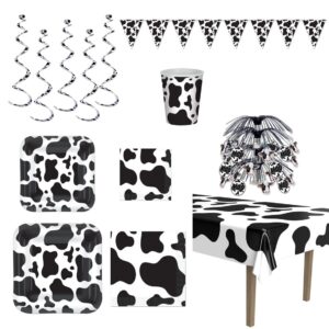 cow print theme disposable tableware party supply bundle with decorations, table cover, plates, napkins and cups - up to 16 guests - 88 pieces