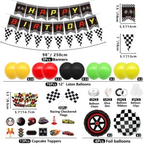 Race Car Birthday Party Supplies, Car Theme Party Decorations, Happy Birthday Banner, Plates, Race Car Tablecloth, Black and White Checkered Flag, Napkins, Cups, Balloon Arch Decor for Boy Teens Bday