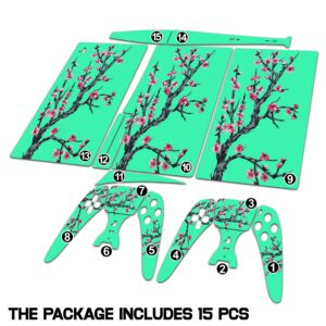 HK Studio Teal Cherry Blossom Decal Sticker Skin Specific Cover for Both PS5 Disc Edition and Digital Edition - Waterproof, No Bubble, Including 2 Controller Skins and Console Skin