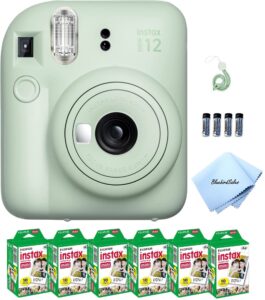 fujifilm mini 12 instant camera starter bundle: includes mini film value pack (60 sheets) + 4 pack aa batteries + lens cleaning cloth (mint green)