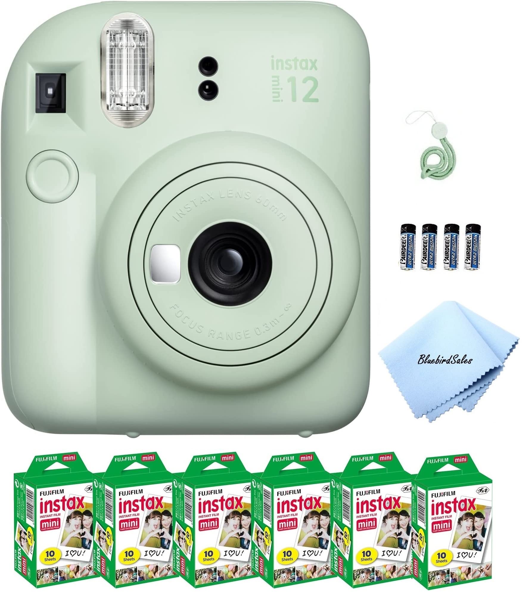 Fujifilm Mini 12 Instant Camera Starter Bundle: Includes Mini Film Value Pack (60 Sheets) + 4 Pack AA Batteries + Lens Cleaning Cloth (Mint Green)