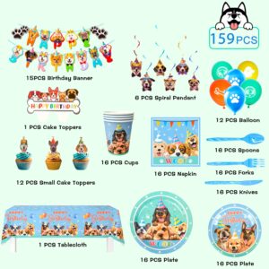 Puppy Birthday Party Supplies for Kids, 159pcs Dog Theme Birthday Party Supplies Tableware Set Dog Party Plates Cups Napkins Tablecloth Banner Balloon Cake Topper etc Puppy Themed Party Supplies