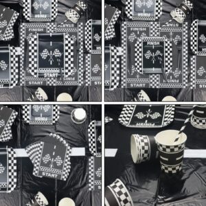 Race Car Birthday Party Supplies, Car Theme Party Decorations, Happy Birthday Banner, Plates, Race Car Tablecloth, Black and White Checkered Flag, Napkins, Cups, Balloon Arch Decor for Boy Teens Bday