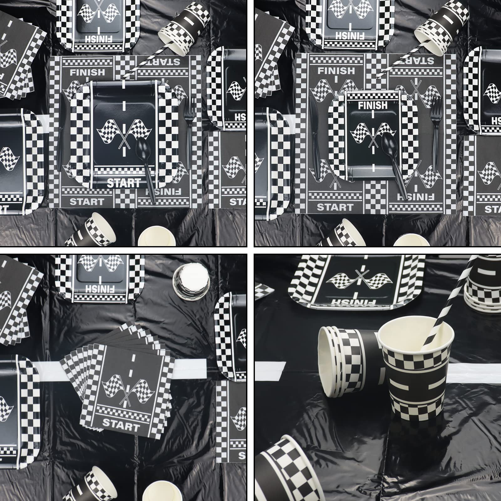 Race Car Birthday Party Supplies, Car Theme Party Decorations, Happy Birthday Banner, Plates, Race Car Tablecloth, Black and White Checkered Flag, Napkins, Cups, Balloon Arch Decor for Boy Teens Bday