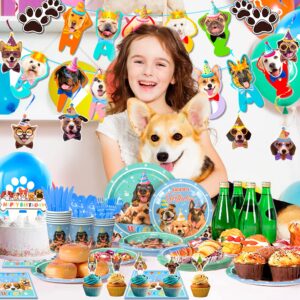 Puppy Birthday Party Supplies for Kids, 159pcs Dog Theme Birthday Party Supplies Tableware Set Dog Party Plates Cups Napkins Tablecloth Banner Balloon Cake Topper etc Puppy Themed Party Supplies