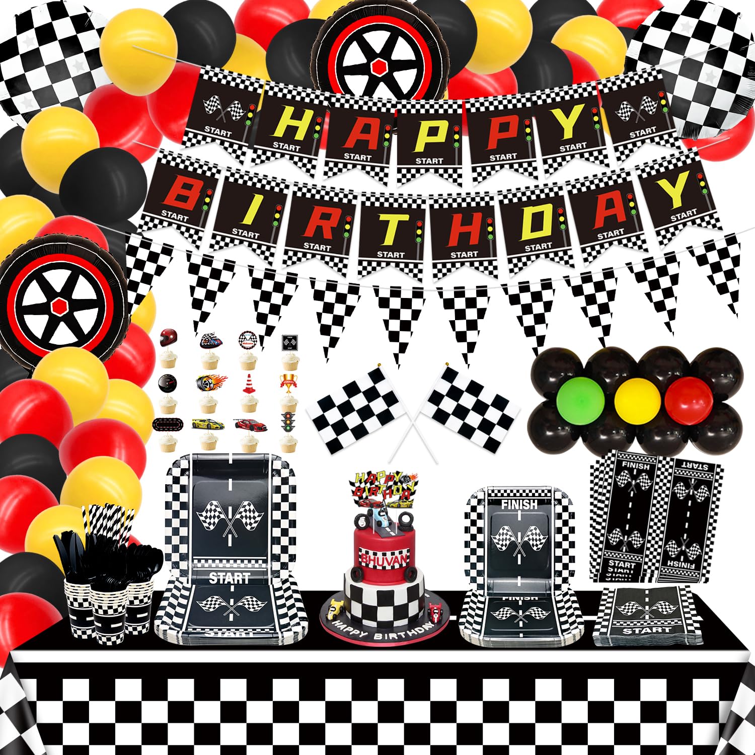 Race Car Birthday Party Supplies, Car Theme Party Decorations, Happy Birthday Banner, Plates, Race Car Tablecloth, Black and White Checkered Flag, Napkins, Cups, Balloon Arch Decor for Boy Teens Bday