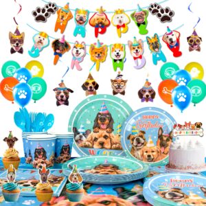 puppy birthday party supplies for kids, 159pcs dog theme birthday party supplies tableware set dog party plates cups napkins tablecloth banner balloon cake topper etc puppy themed party supplies