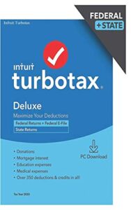 turbotax: deluxe 2020 desktop tax software, federal and state returns + federal e-file guide [pc download]