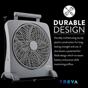 Treva 10 inch Rechargeable Portable Fan Smart Power Air Circulator. Plug-In AC Adapter and Battery Powered, USB Charging Port, For Camping Travel and Indoors Use