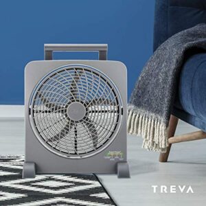 Treva 10 inch Rechargeable Portable Fan Smart Power Air Circulator. Plug-In AC Adapter and Battery Powered, USB Charging Port, For Camping Travel and Indoors Use