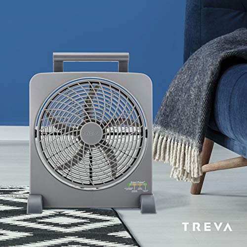 Treva 10 inch Rechargeable Portable Fan Smart Power Air Circulator. Plug-In AC Adapter and Battery Powered, USB Charging Port, For Camping Travel and Indoors Use