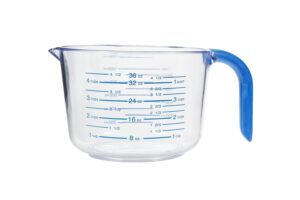 arrow home products plastic measuring cups for liquids, 4.5 cups - with cool-grip handle - bpa-free, stackable measuring cups with spout and clear measurements - microwave and dishwasher safe