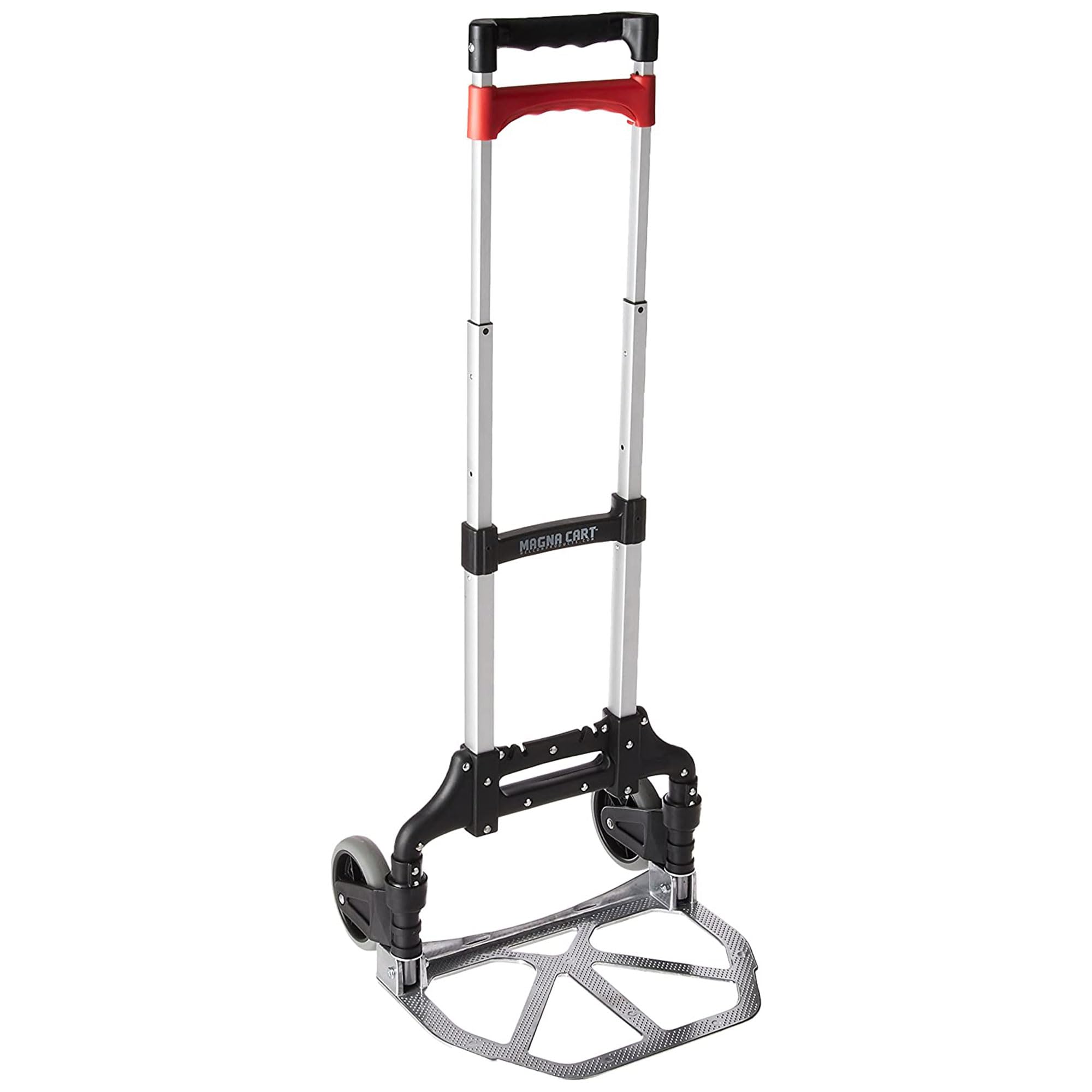 Magna Cart Personal 150 Pound Capacity Aluminum Folding Hand Truck with Telescopic Handle and Foldable Wheels for Industrial, Black and Red