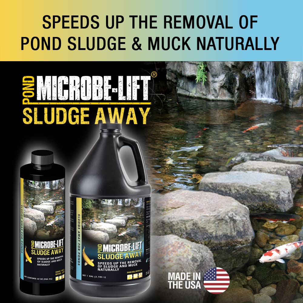 MICROBE-LIFT Sludge-Away Pond and Outdoor Water Garden Sludge and Muck Remover, Safe for Live Koi Fish, Plant Life, and Décor (32 Ounces)