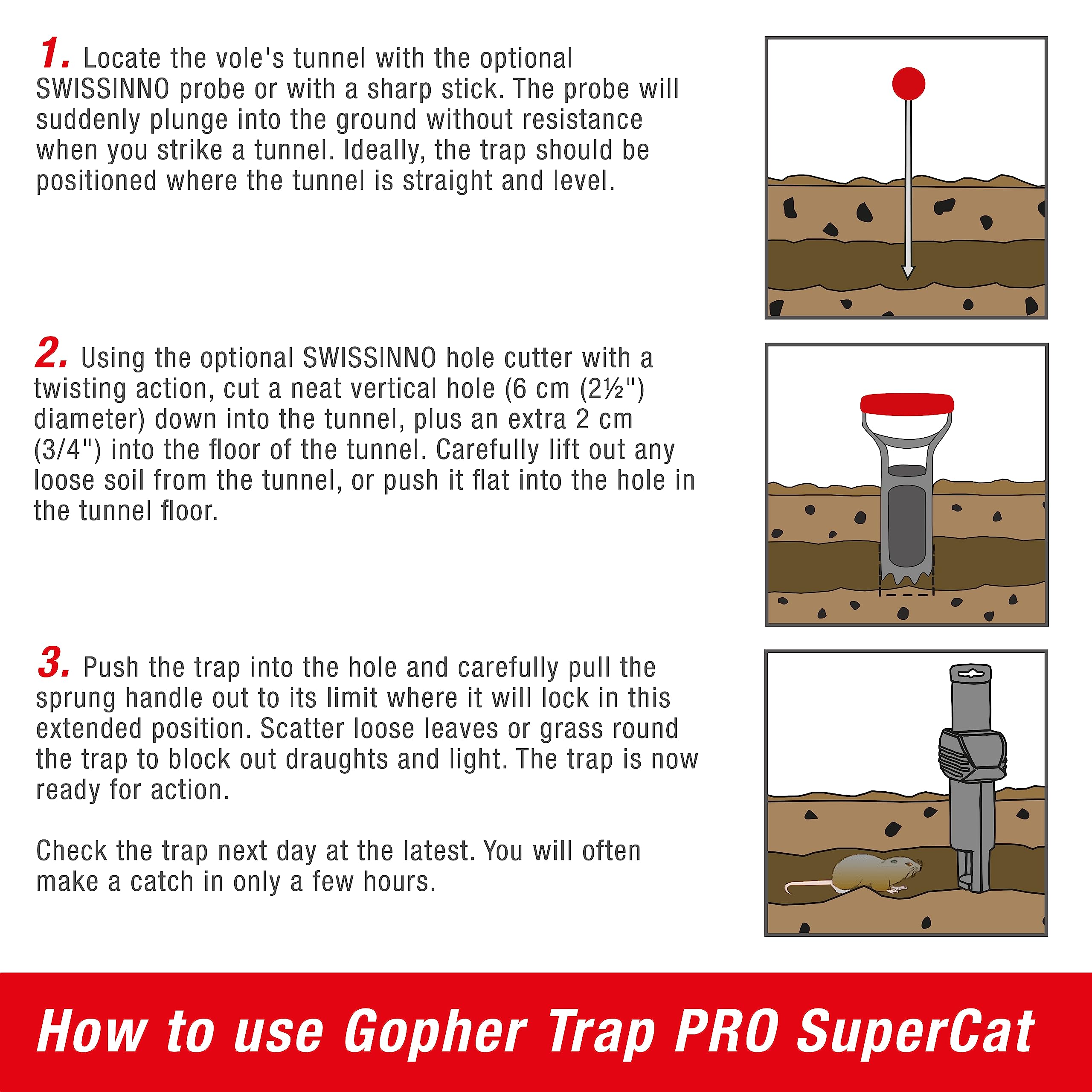 SWISSINNO Gopher & Vole Trap PRO SuperCat. Control Gophers, Voles + Field Mice, Unique Trigger Catch Action, Ultra-Effective + High Catch Rates. Easy to Setup, Safe+ Reusable. Made in Europe: 1x Trap