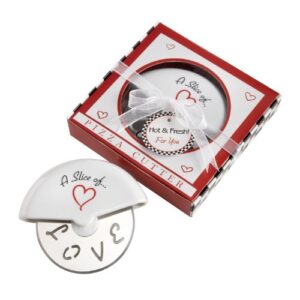 kate aspen "a slice of love" stainless steel pizza cutter wheel in miniature pizza box, wedding favor, bridal shower favor, stocking stuffers, guest prizes