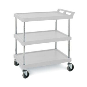 metro bc series polymer utility cart with 4 swivel casters, 3 lipped shelves, 400 lb. total capacity, 33-1/4" height x 21-1/2" width x 33-3/4" length, gray