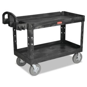 rubbermaid commercial products brute heavy duty 2-shelf utility/service cart, pneumatic casters, medium, lipped shelves, ergonomic handle, 750 lb capacity, black, for warehouse/garage/cleaning/office