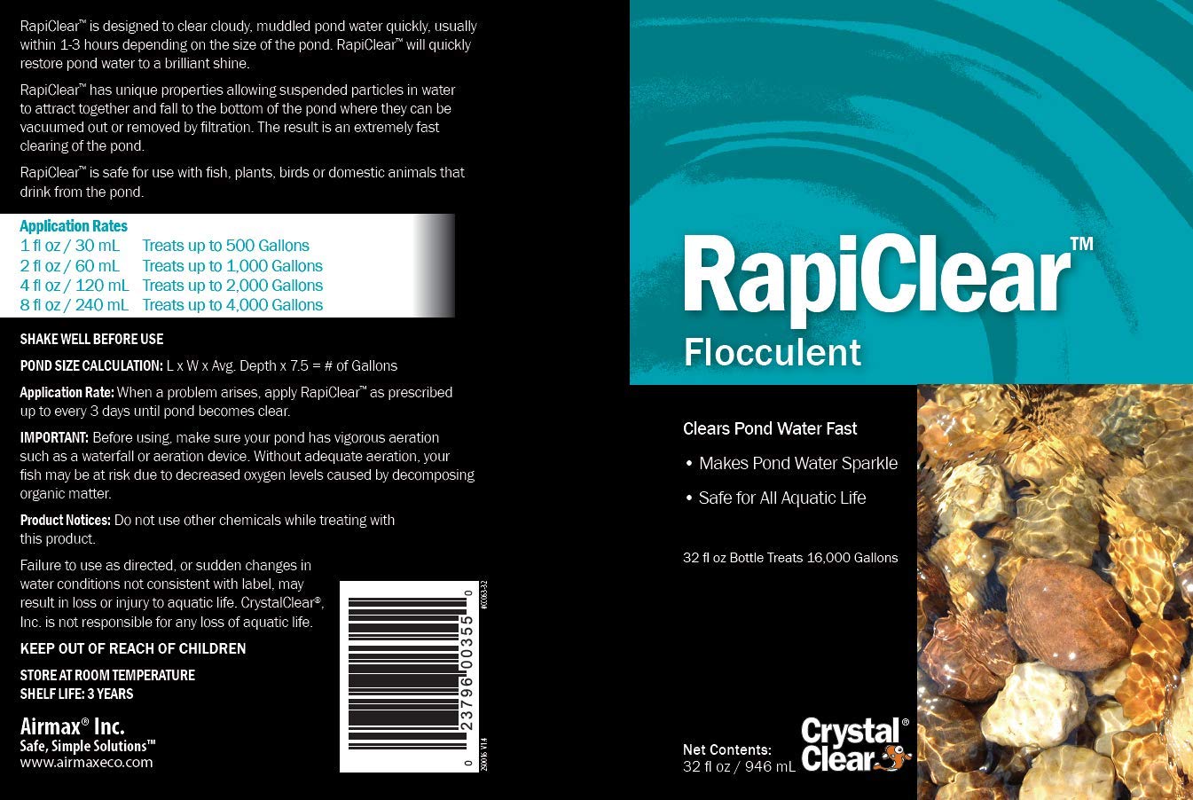 CrystalClear RapiClear Liquid Flocculent - Pond Water Clarifier - 32 Ounces Treats Up to 16,000 Gallons