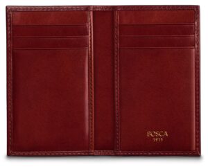 bosca men's leather card holder wallet – italian full grain vegetable tanned credit card case – 6 card slots, 2 receipt wells – classic glossy finish – gift-ready packaging - dark brown