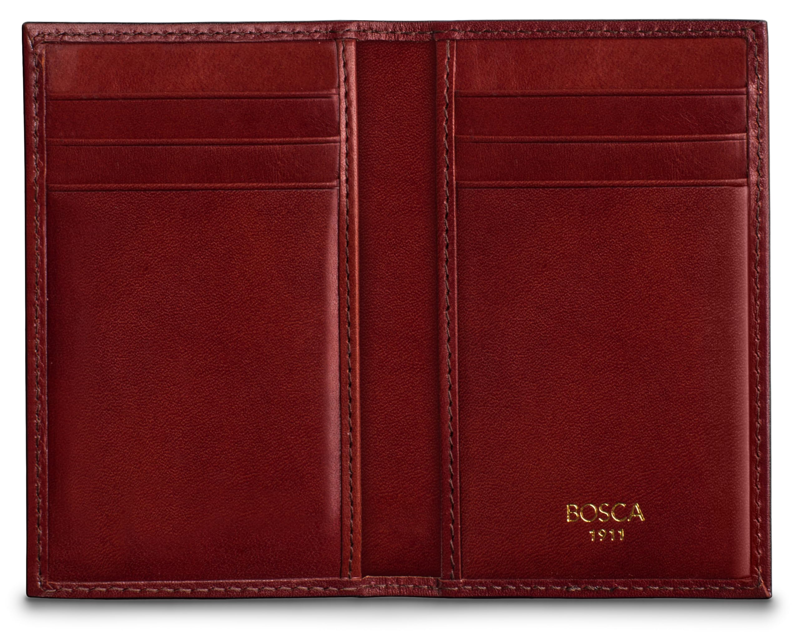 Bosca Men's Leather Card Holder Wallet – Italian Full Grain Vegetable Tanned Credit Card Case – 6 Card Slots, 2 Receipt Wells – Classic Glossy Finish – Gift-Ready Packaging - Dark Brown