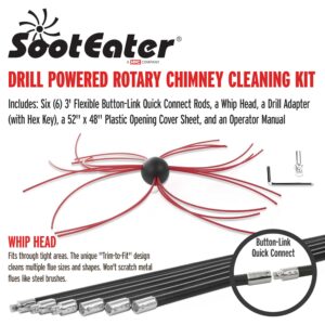 SootEater Rotary Chimney Cleaning System - Gardus RCH205-B Chimney Sweep Kit, Cleans Open Chimneys up to 18' with 6 Flexible 3' Rods, Chimney Cleaning Kit with Trim-to-Fit Spinning Chimney Whip