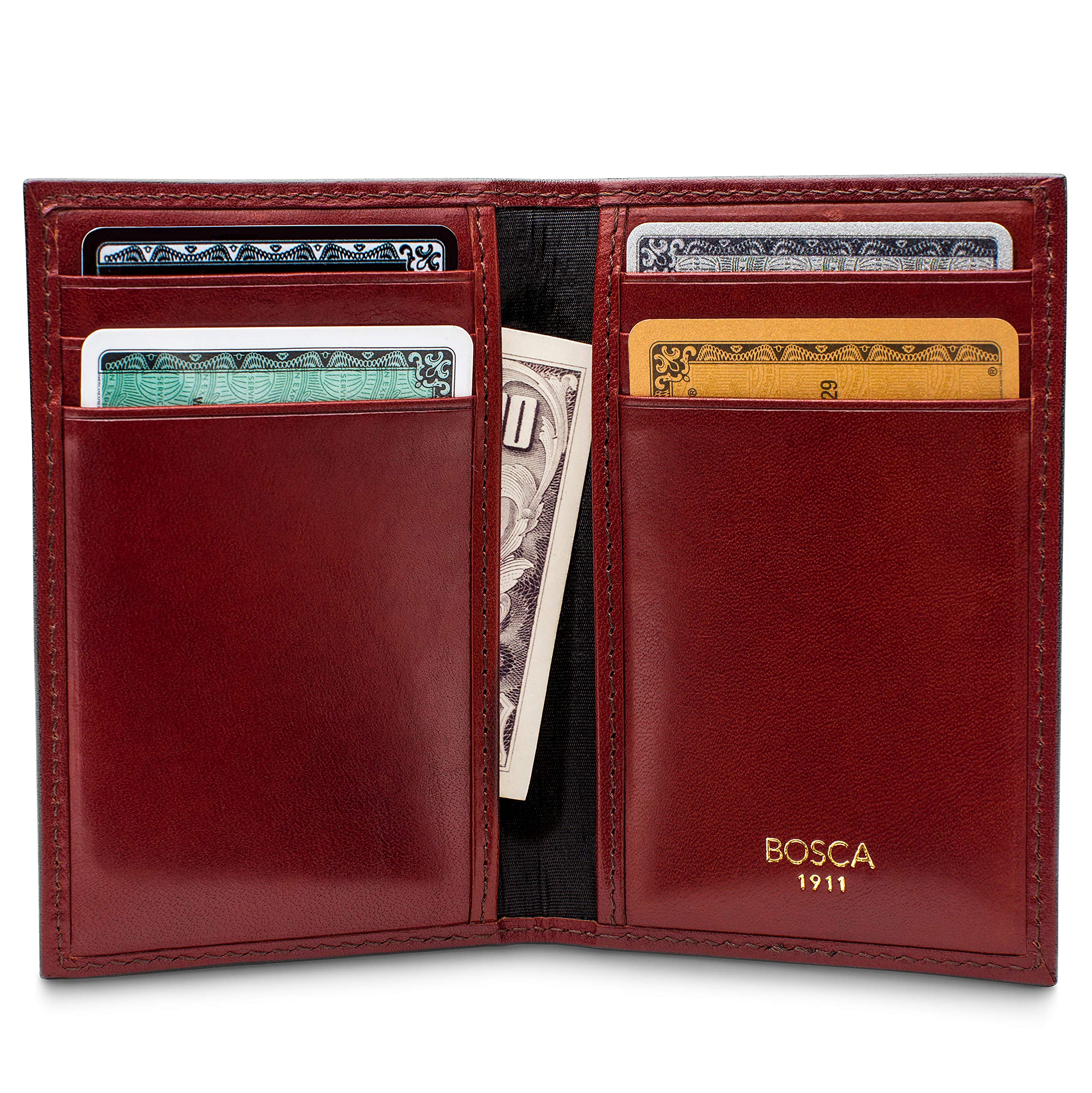 Bosca Men's Leather Card Holder Wallet – Italian Full Grain Vegetable Tanned Credit Card Case – 6 Card Slots, 2 Receipt Wells – Classic Glossy Finish – Gift-Ready Packaging - Dark Brown