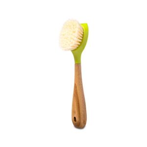 full circle be good bamboo handle dish brush – sustainable kitchen cleaning with tough bristles - natural dish scrubber & cast iron cleaner - long handle brush for dishes, pots, and pans, green