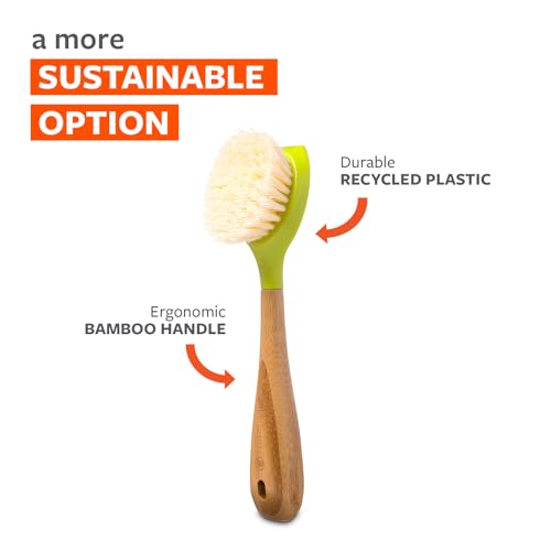 Full Circle Be Good Bamboo Handle Dish Brush – Sustainable Kitchen Cleaning with Tough Bristles - Natural Dish Scrubber & Cast Iron Cleaner - Long Handle Brush for Dishes, Pots, and Pans, Green