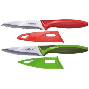 zyliss classic paring knife set with sheath cover - precision knife for cutting, slicing & peeling - small culinary 3 ¼” paring knife & 3 ¾” serrated knife - carbon stainless steel blade - red/green