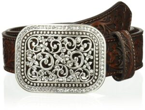 ariat women's scroll embossed buckle belt, brown, medium